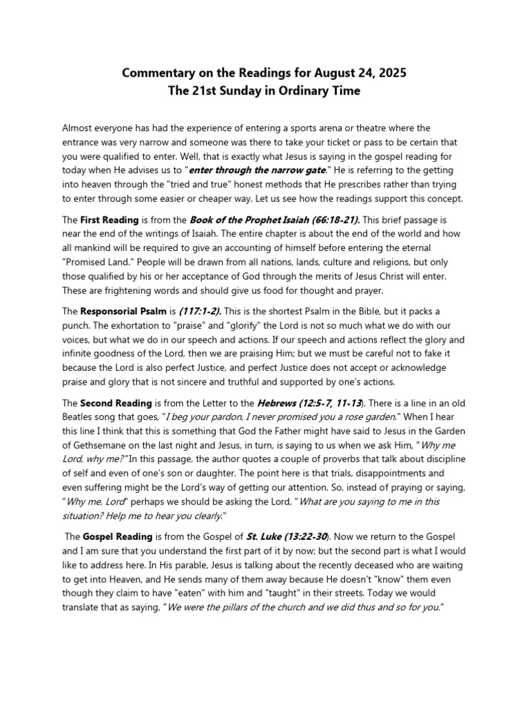 21st Sunday Ordinary Time Reflections | PDF | Jesus | Glory (Religion)