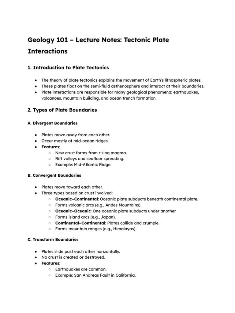 Geology 101 - Lecture Notes - Tectonic Plate Interactions | PDF