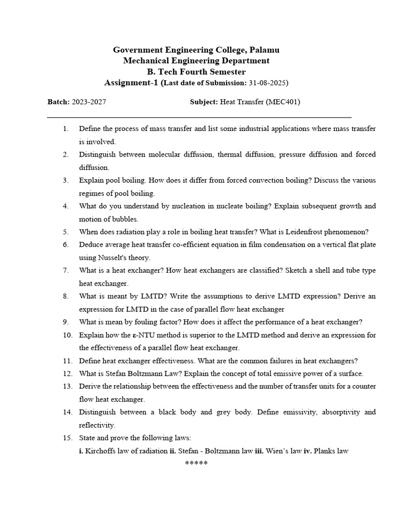 Heat Transfer Assignment for B. Tech Students | PDF