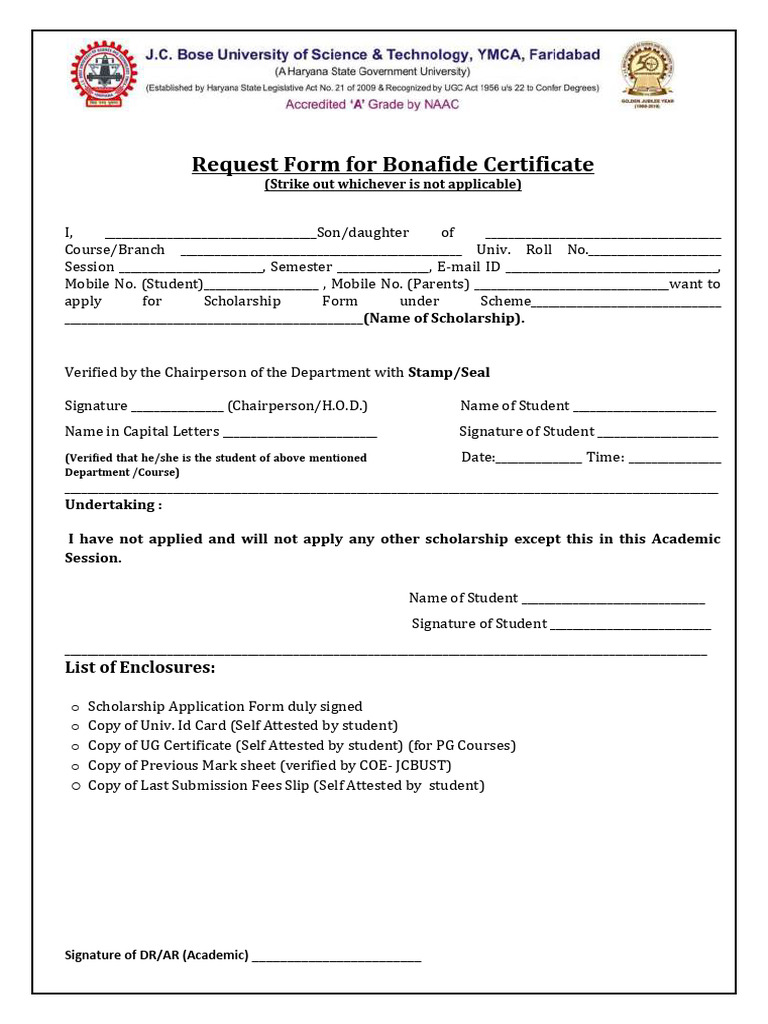 Application Request Form For Bonafide Certificate (Only For Any Scholarship) | PDF