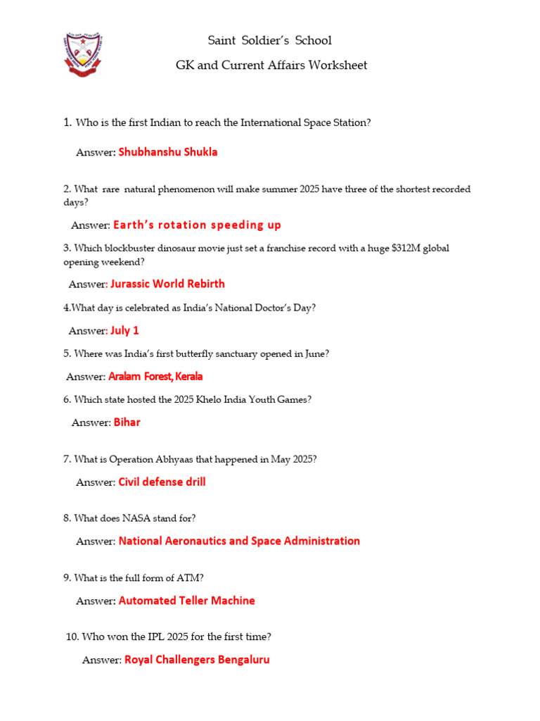 Resource 20250803082912 GK Current Affairs Worksheet | PDF