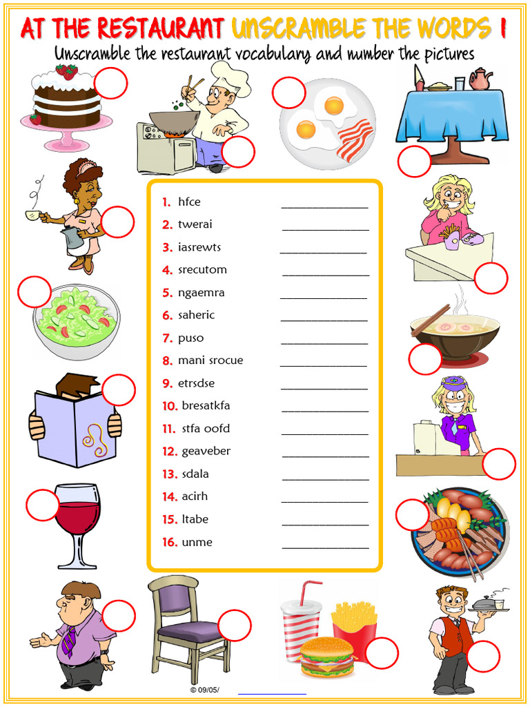 Restaurant Vocabulary Esl Unscramble The Words Worksheets For Kids ...