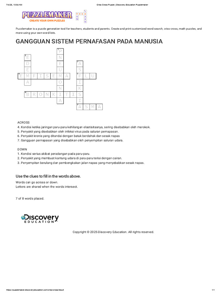 Criss Cross Puzzle - Discovery Education Puzzlemaker | PDF