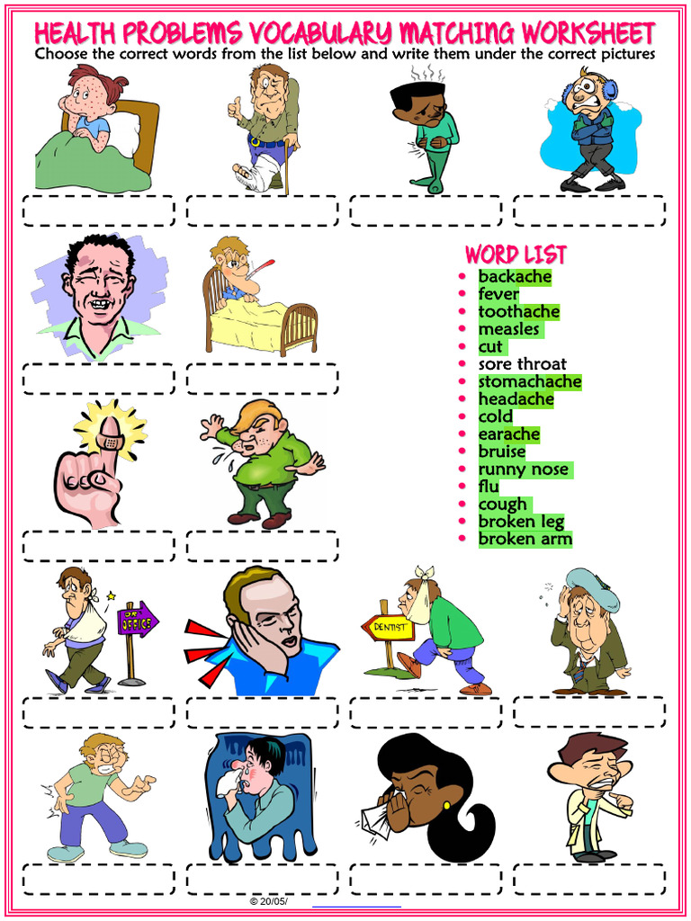 Health Problems Vocabulary Esl Matching Exercise Worksheet For Kids ...