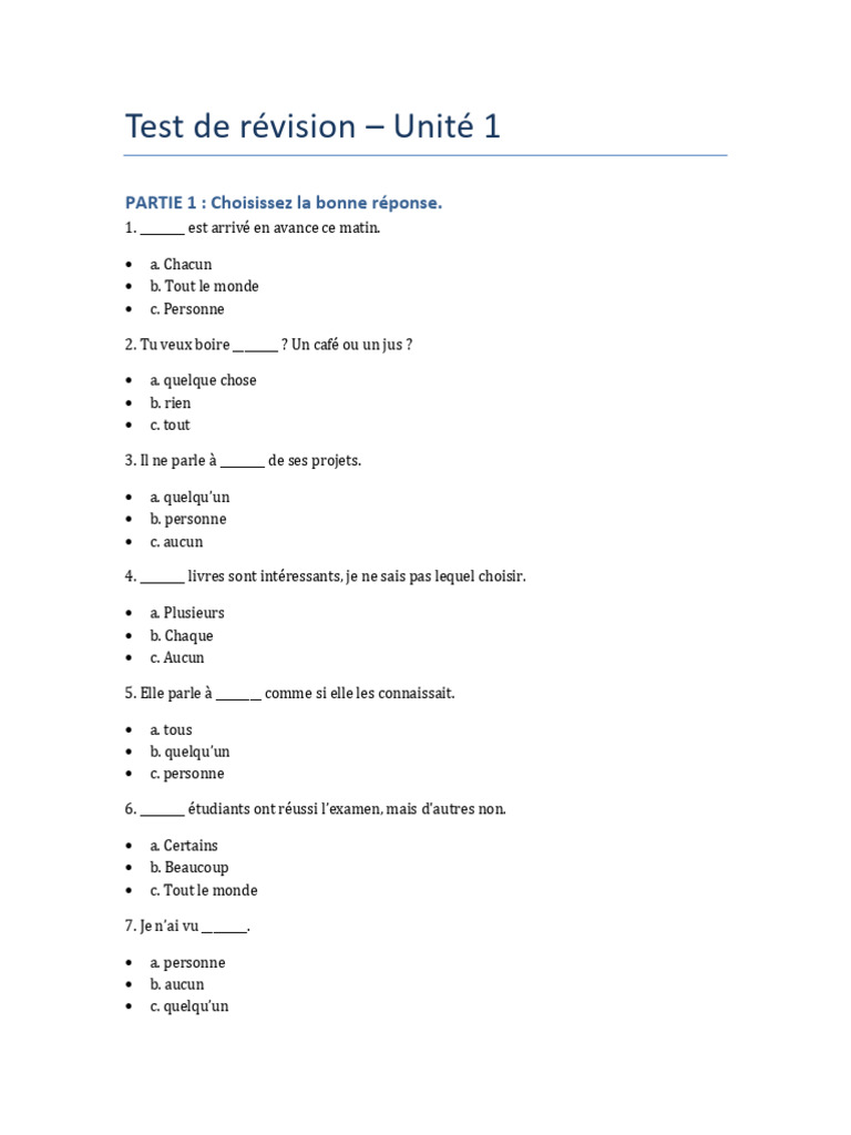 Test de révision de français - Unité 1 | PDF | Carnaval