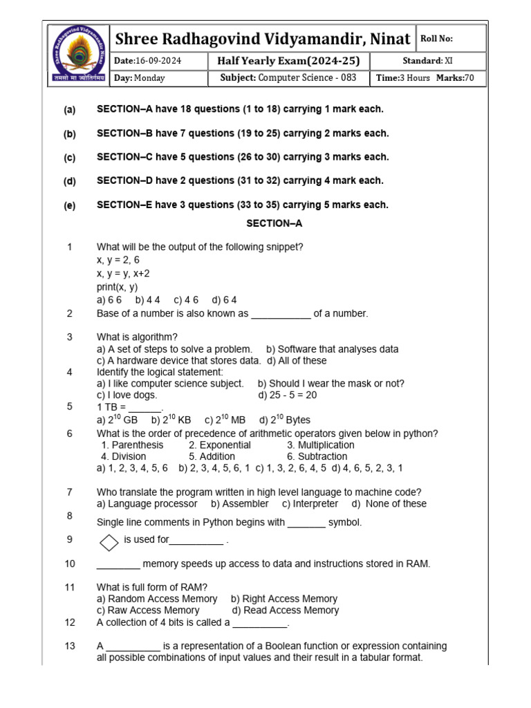Computer Science Exam Paper XI 2024 | PDF | Boolean Algebra | Teaching ...