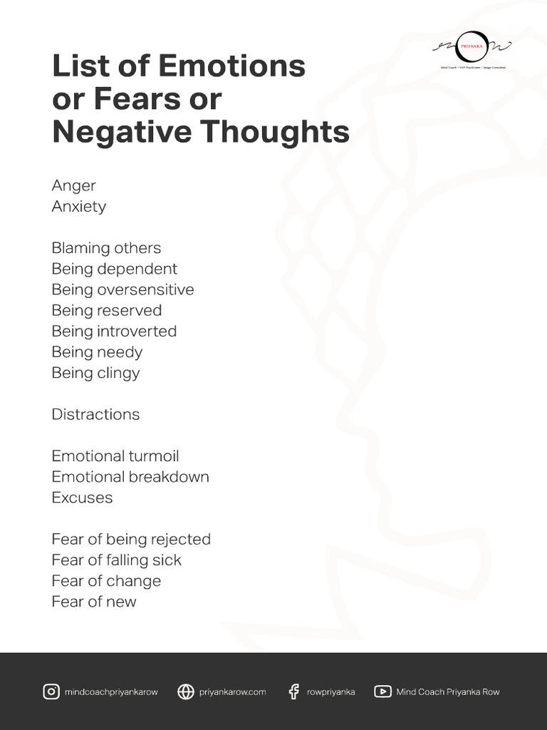 Comprehensive List of Emotions and Fears | PDF | Self Esteem | Fear