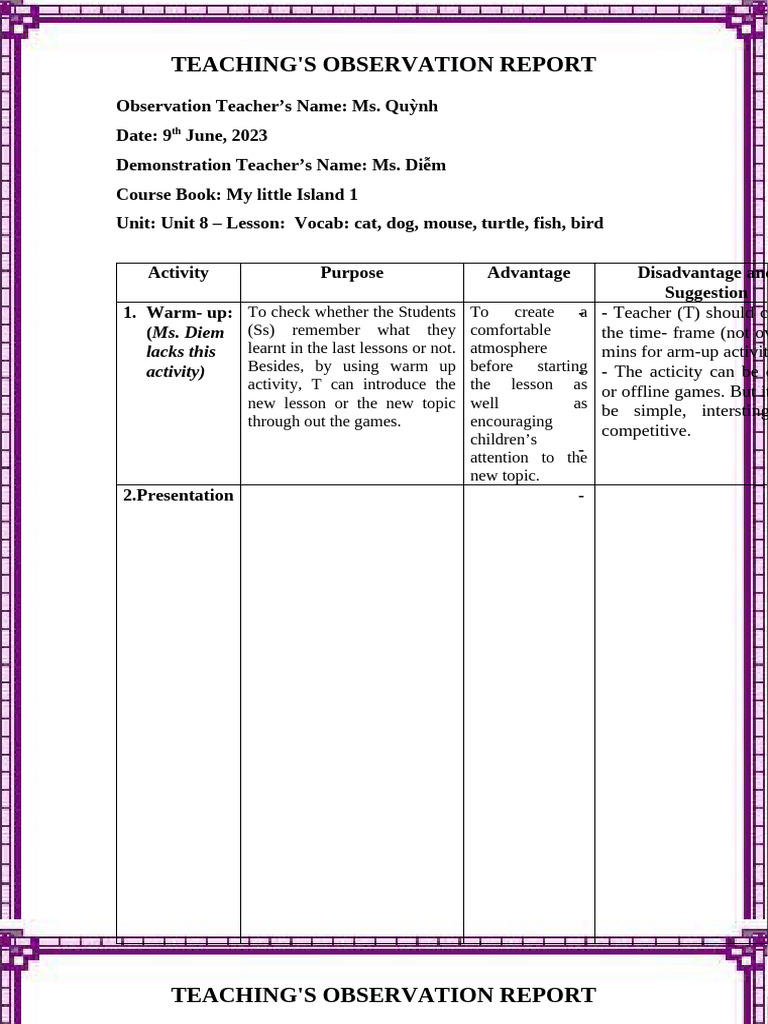 Teaching Observation Report: Unit 8 Analysis | PDF