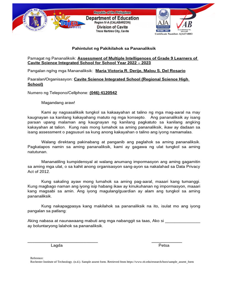 AR Assent For Minor and Parental Consent Form For Participants Less ...