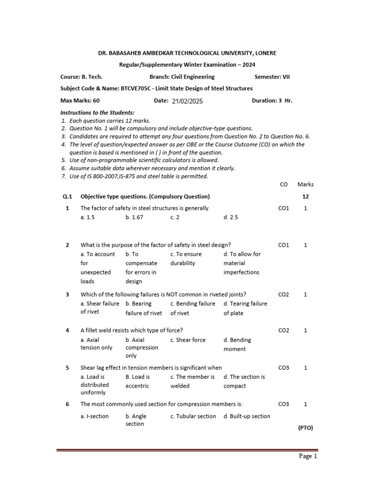 B.Tech Civil Engineering Exam: Steel Design | PDF | Beam (Structure ...
