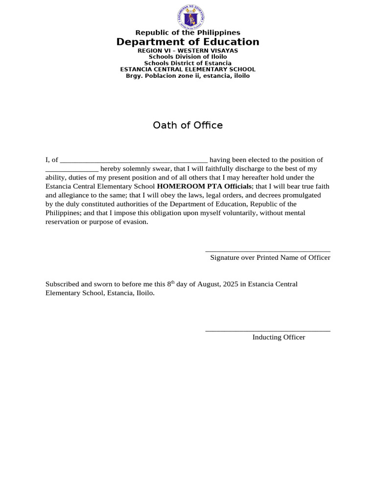 Oath of Office for PTA Officials | PDF