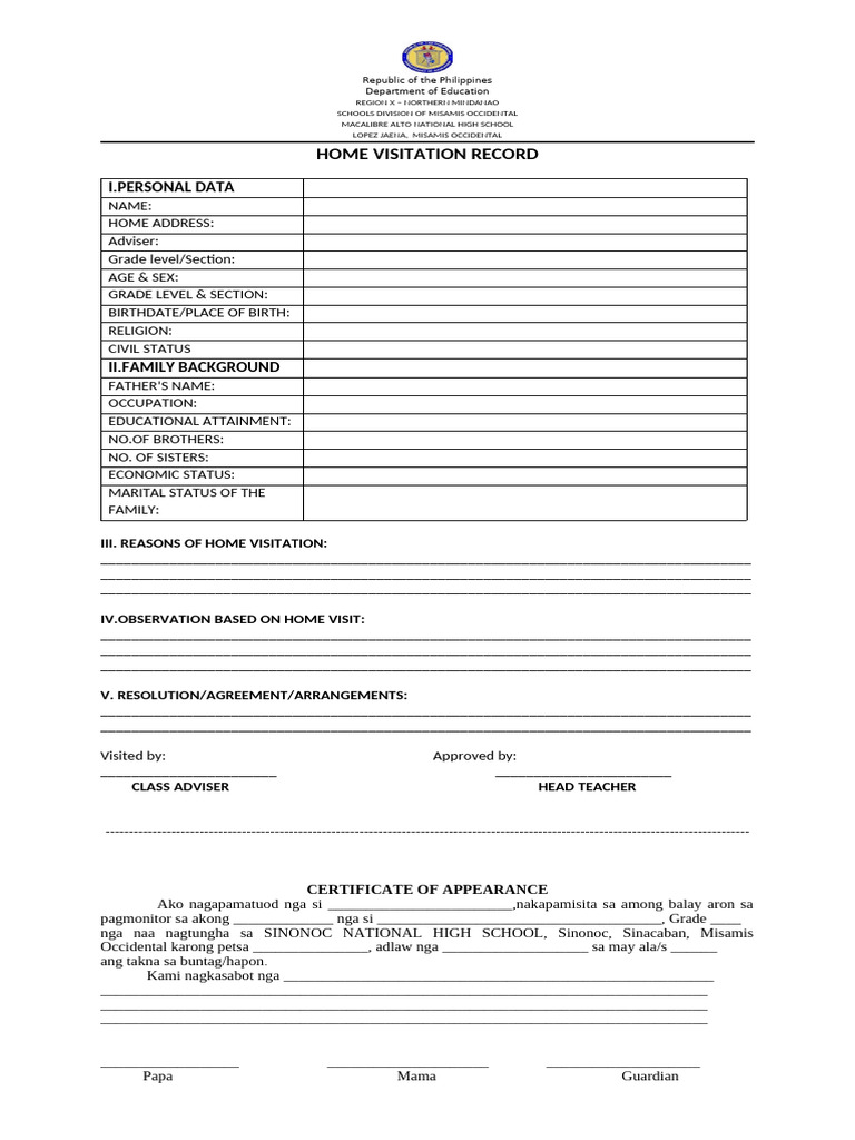 Home Visitation Record Template | PDF