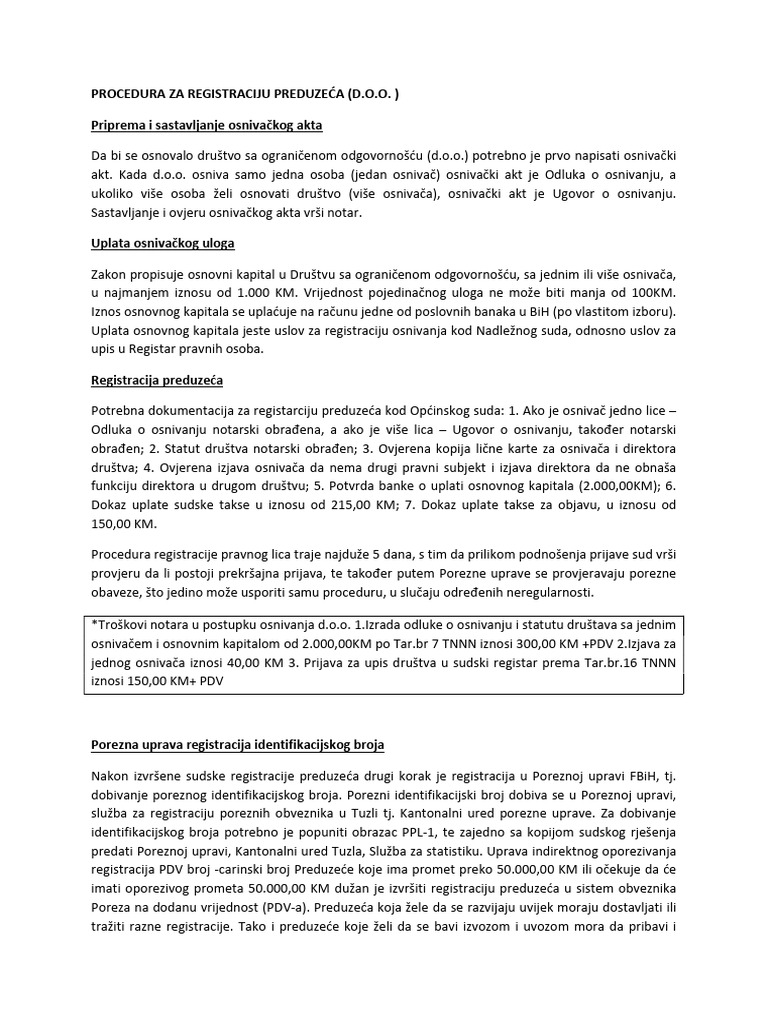 Upute Za Osnivanje Privrednog Drustva | PDF