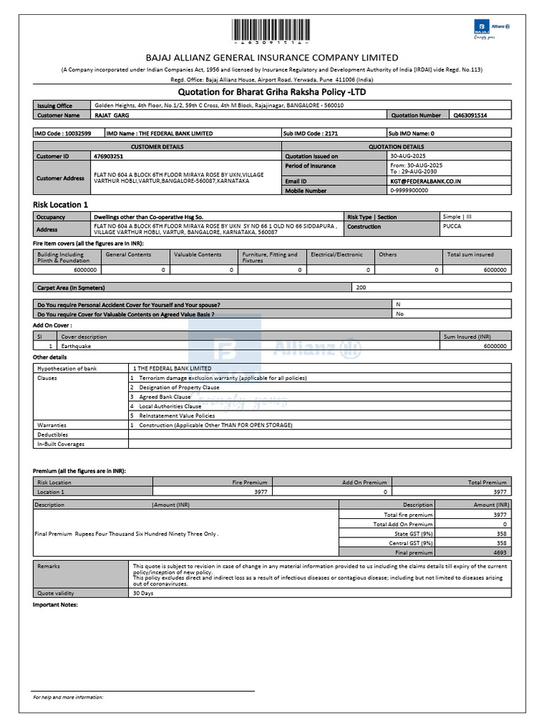 Bharat Griha Raksha Policy Quotation | PDF | Insurance | Financial Services