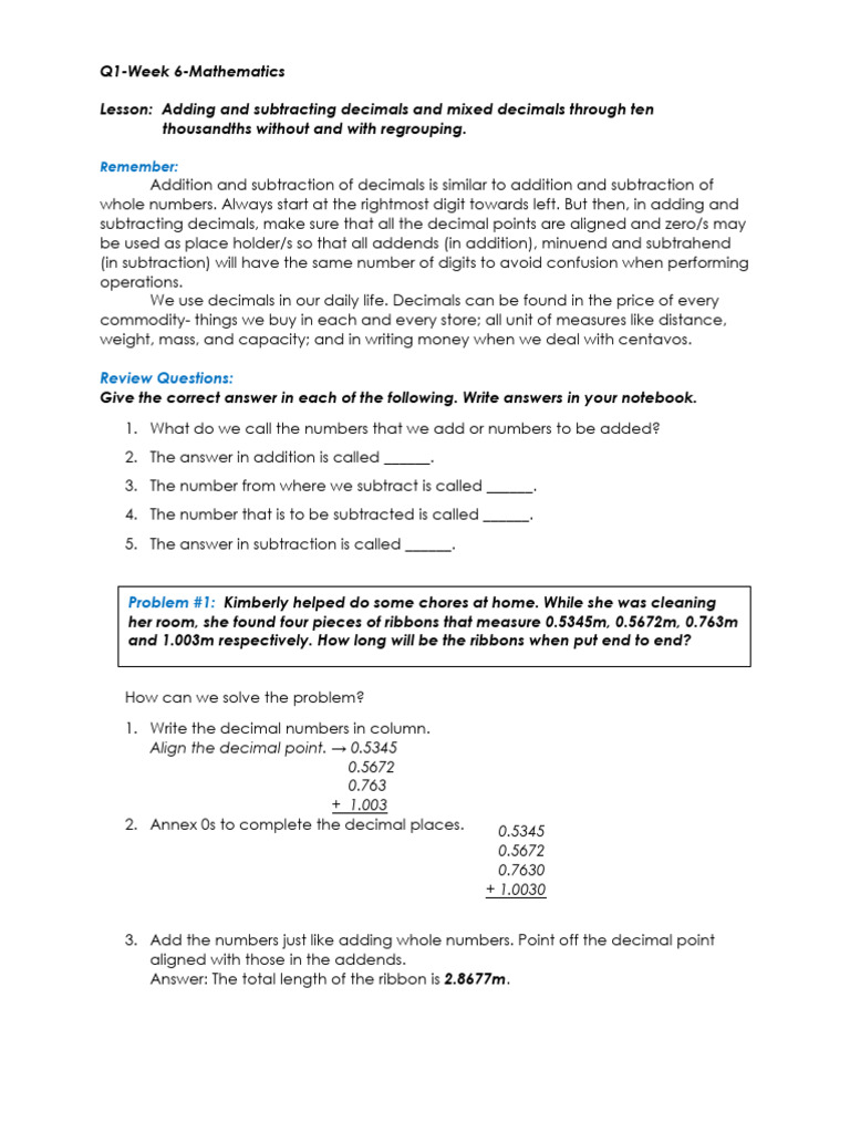 Mathematics Week 6 Lesson Modular | PDF | Subtraction | Number Theory