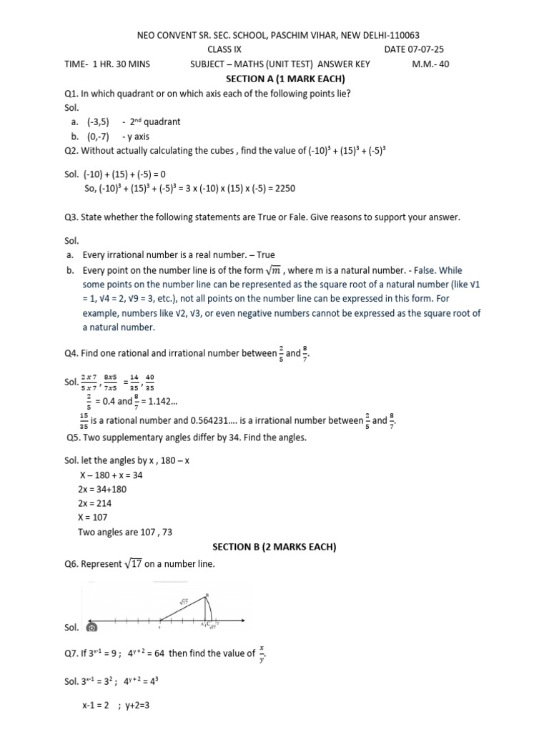 Class IX Maths Unit Test Answer Key | PDF | Numbers | Arithmetic