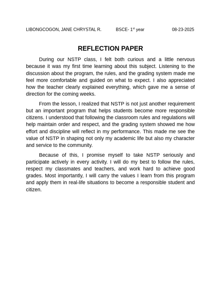 NSTP Reflection: Embracing Responsibility | PDF