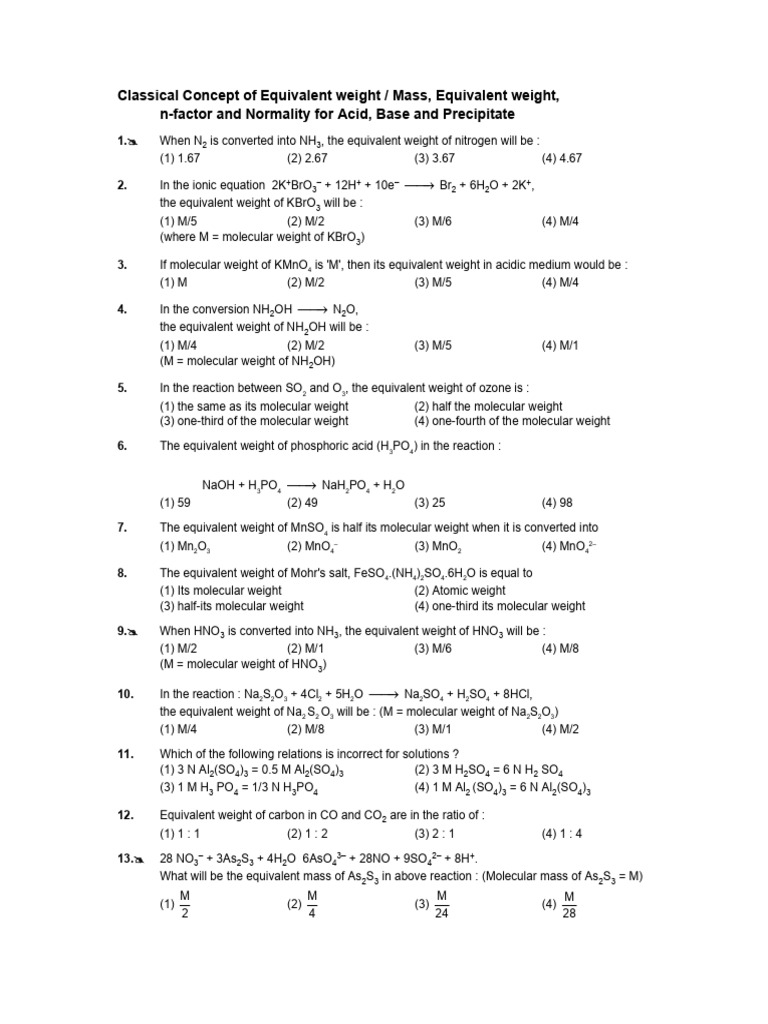 Equivalent Weights in Chemical Reactions | PDF | Phosphoric Acid ...