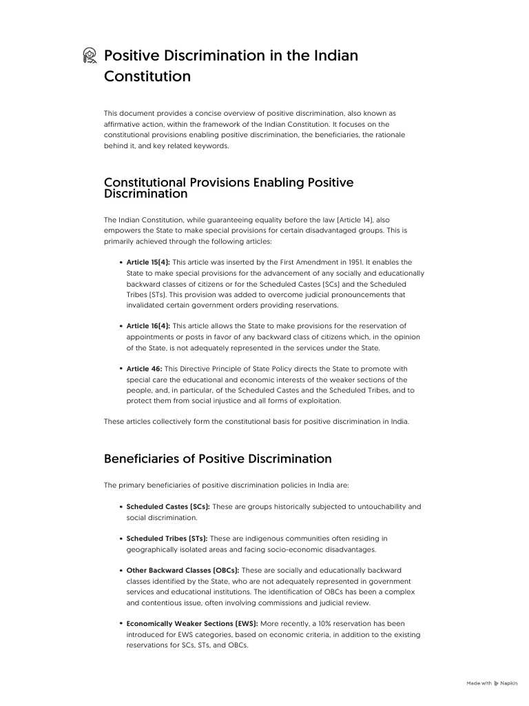 Positive Discrimination in India’s Constitution | PDF | Affirmative ...