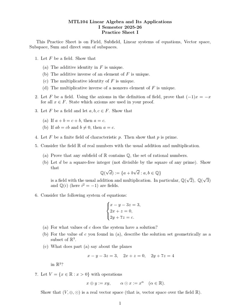 MTL104 Tutorial I-6 | PDF | Field (Mathematics) | Linear Subspace