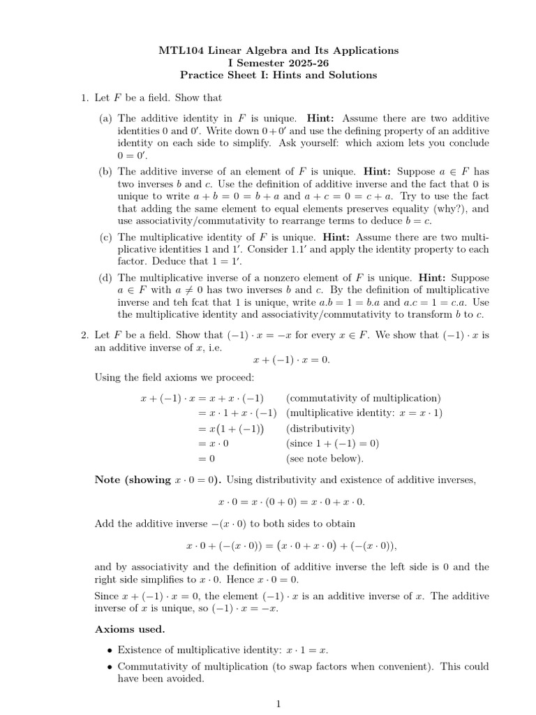 Practice Sheet 1 - Hints | PDF | Linear Subspace | Vector Space