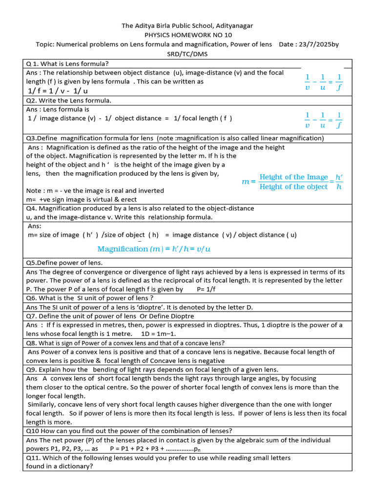 Lens Formula and Power Problems | PDF | Atomic | Applied And ...
