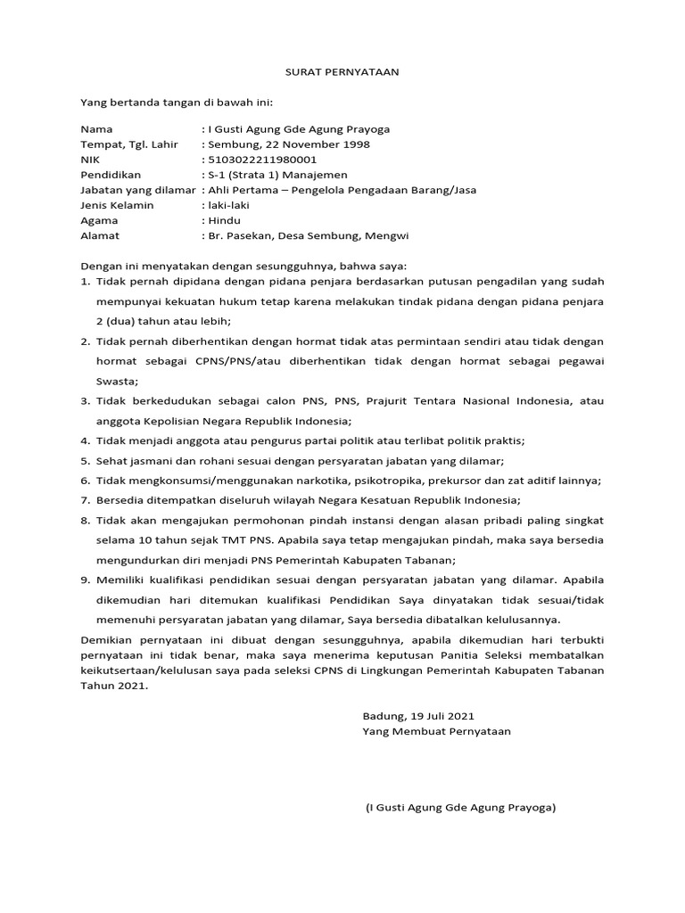 Surat Pernyataan CPNS Tabanan 2021 | PDF