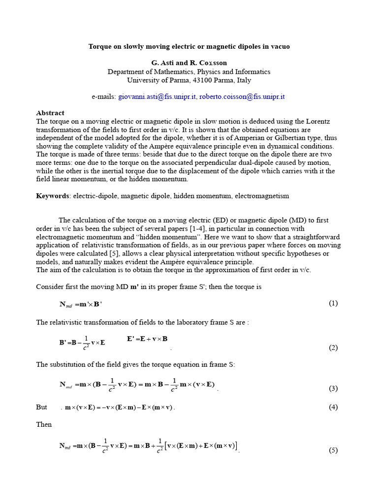 Torque - On - Slowly - Moving - Electric - or Magnetic | PDF | Magnetic ...
