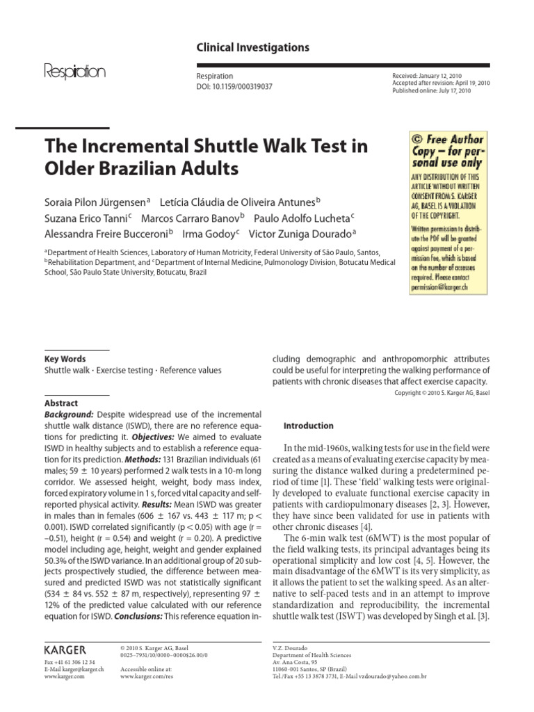 Incremental Shuttle Walk Test in Brazil | PDF | Body Mass Index | Heart ...