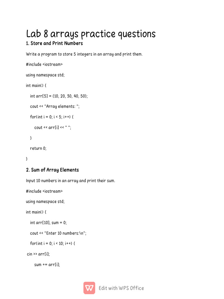Lab 9 Arrays Practice Spring 25 | PDF | Integer (Computer Science) | Namespace