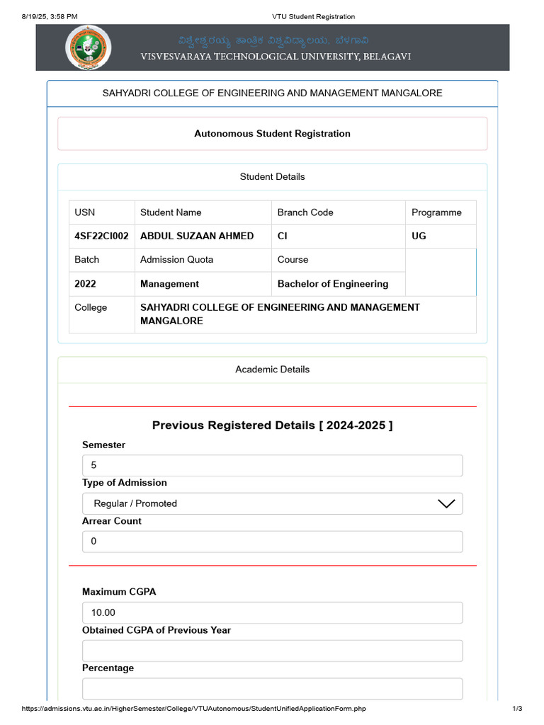 VTU Student Registration Guide 2025 | PDF