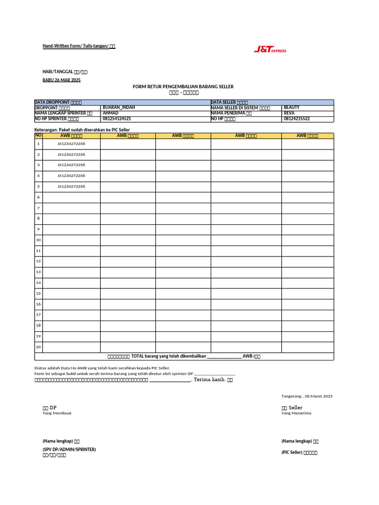 Master Form Retur Dika September | PDF