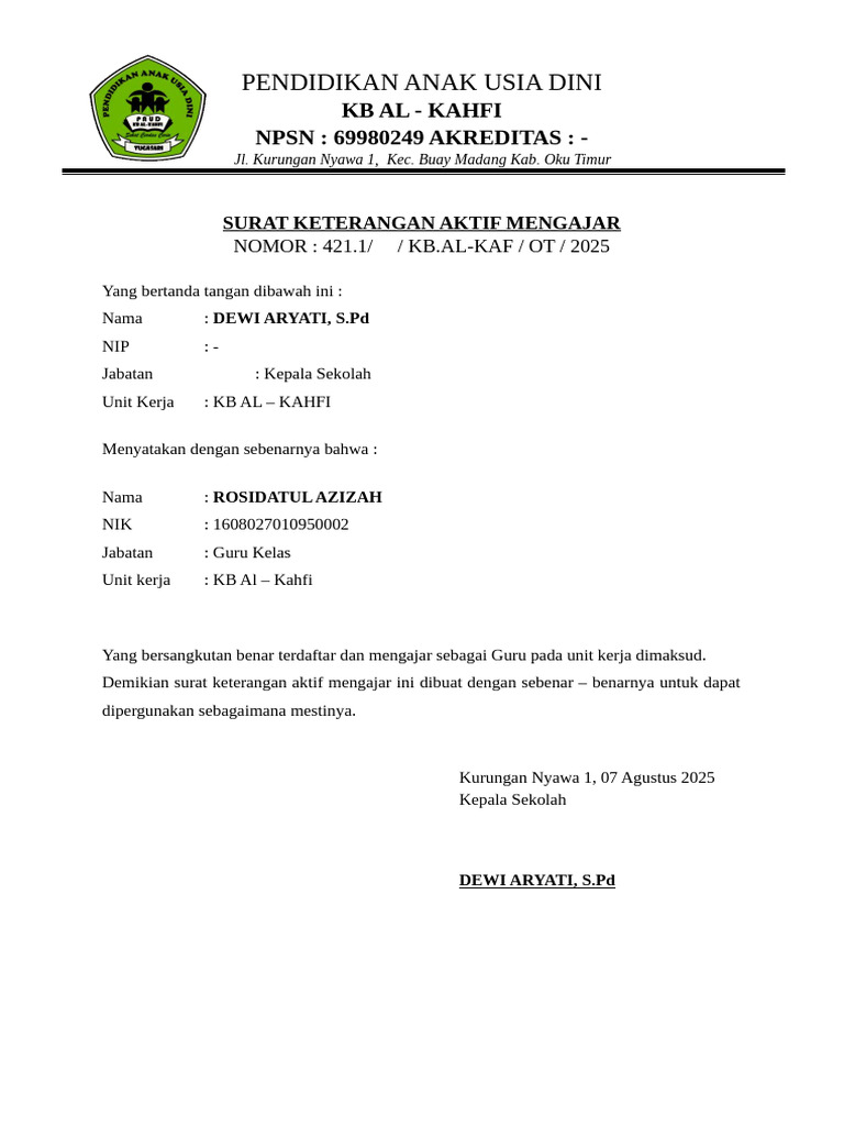 Surat Keterangan Aktif Mengajar KB Al Kahfi | PDF