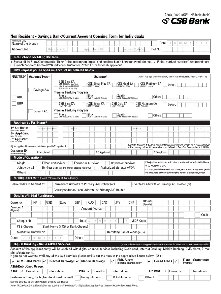 CSB CASA Account Opening Form A203 (CSB 01-04-03 22) | PDF | Banks | Cheque