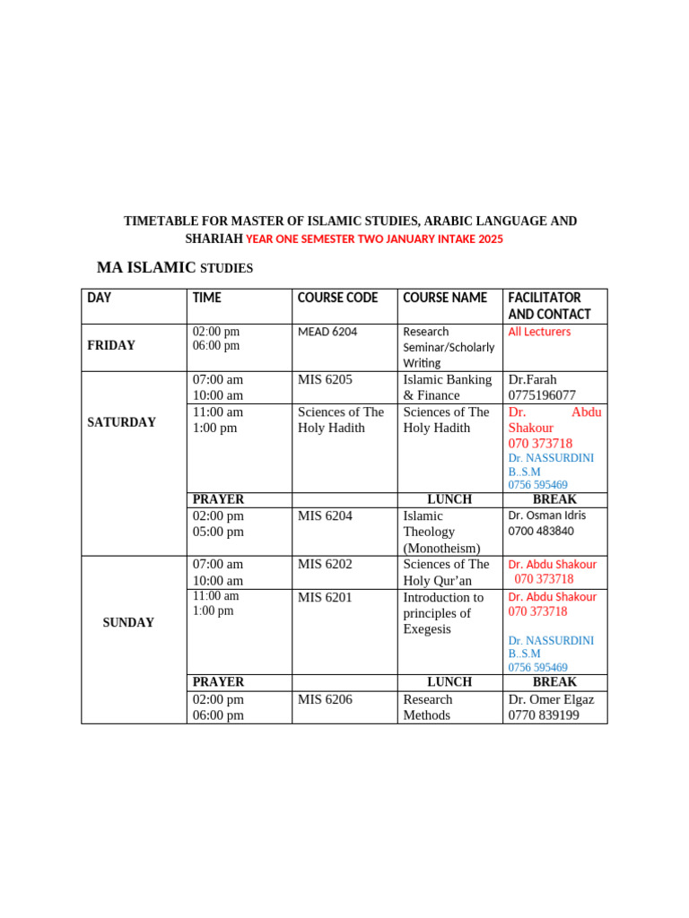 Master of Islamic Studies Timetable 2025 | PDF | Sharia | Hadith