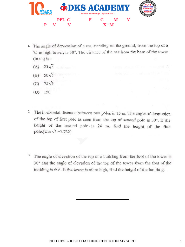 Application of Trigonometry - Previous Board Exam Papers | PDF