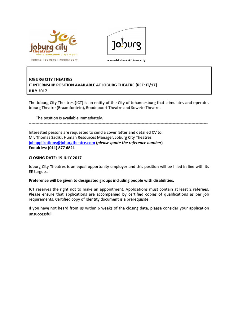 Advert For IT Intern July 2017 002 | PDF | Johannesburg
