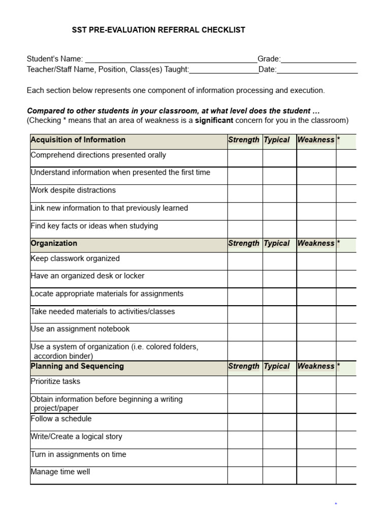 SST Pre-Evaluation Referral Checklist | PDF | Nonverbal Communication ...