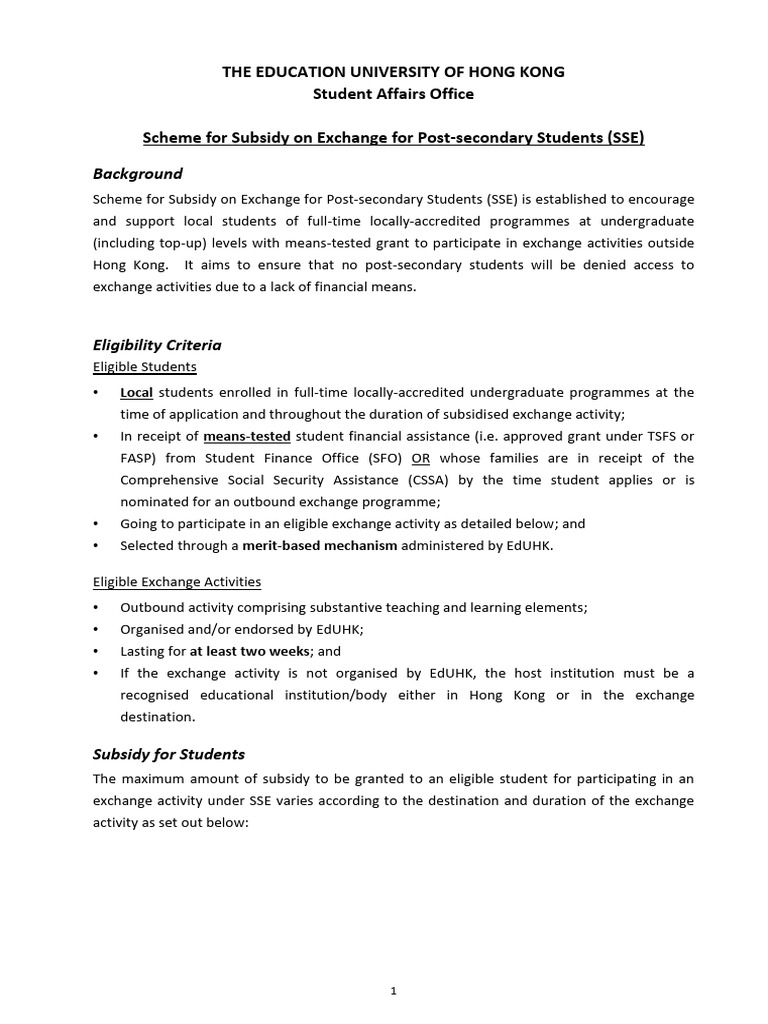 SSE Subsidy for Student Exchanges | PDF