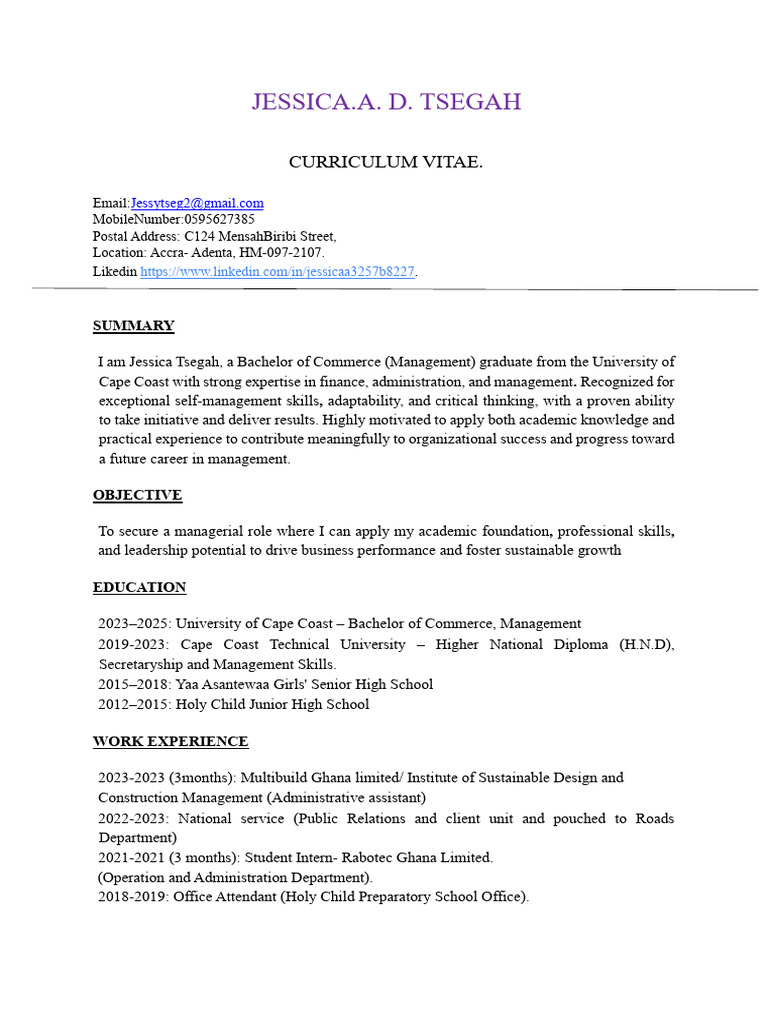 Jessica Tsegah: Management CV | PDF