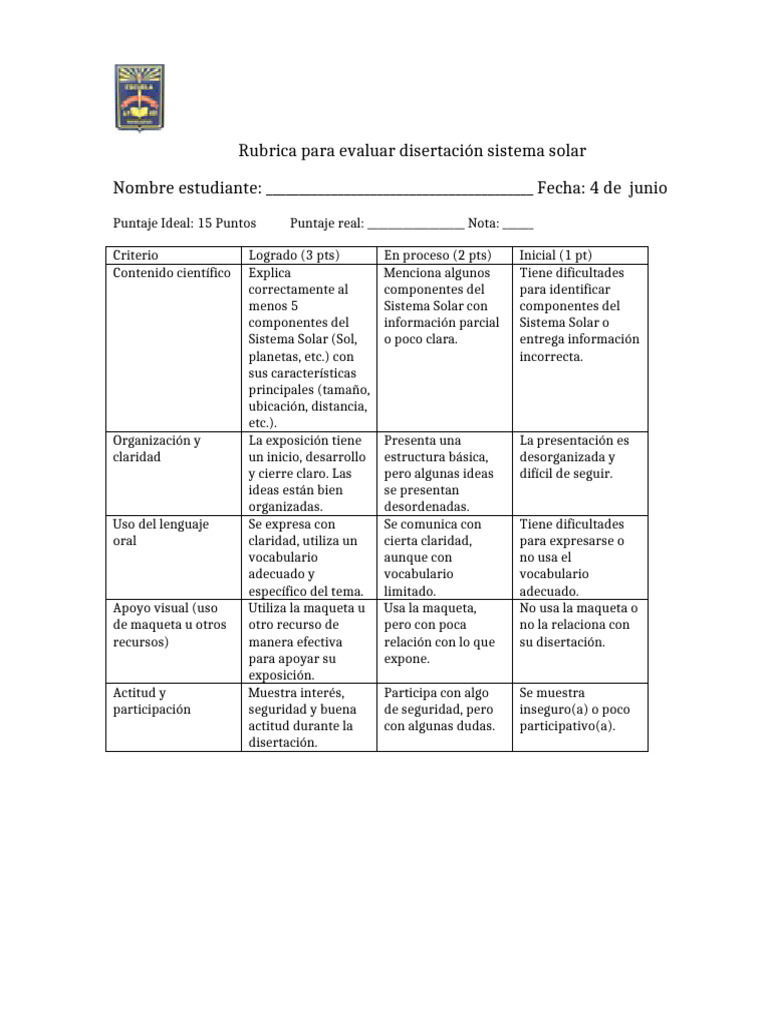 Rubrica Disertacion Sistema Solar | PDF | Cognición