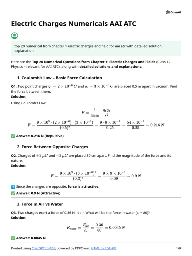 Electric Charges Numericals AAI ATC | PDF | Force | Electric Field