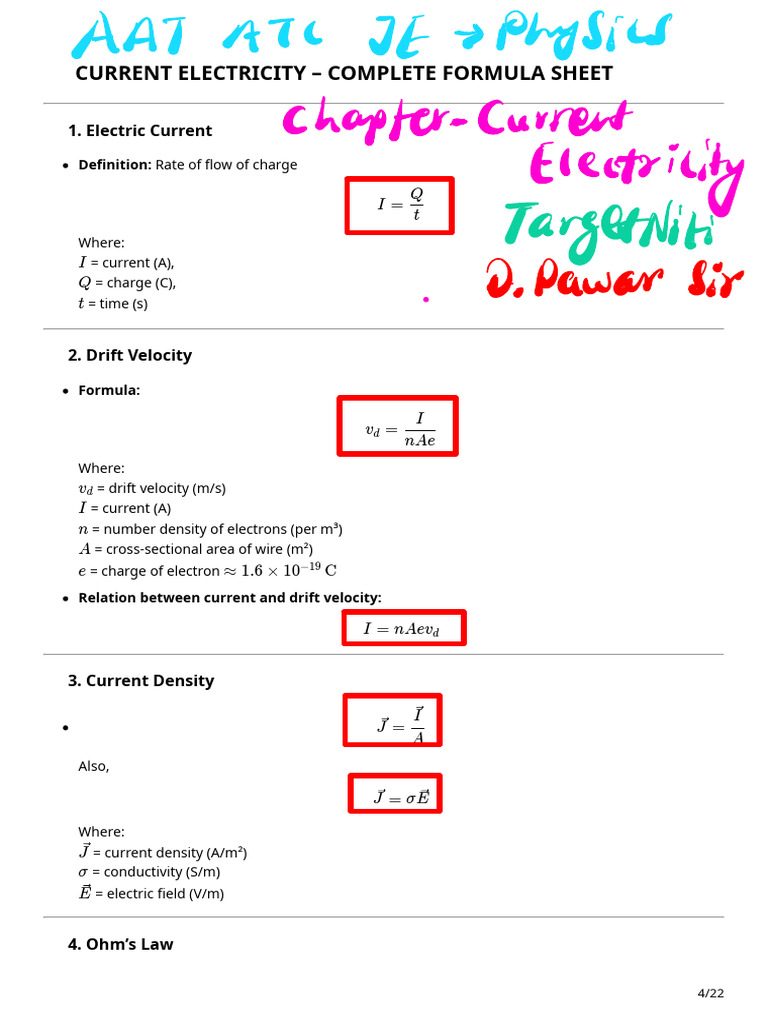 Chapter Current Electricity Formula Revision Sheets and Top 30 MCQ | PDF | Electrical ...