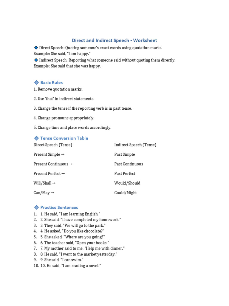 Direct and Indirect Speech Worksheet | PDF