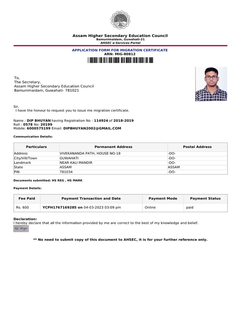 AHSEC Migration Certificate Application | PDF