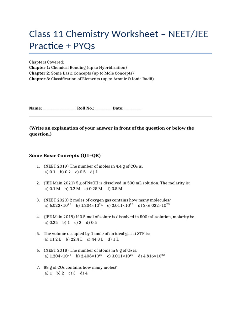 Class 11 Chemistry Worksheet | PDF | Mole (Unit) | Chemistry