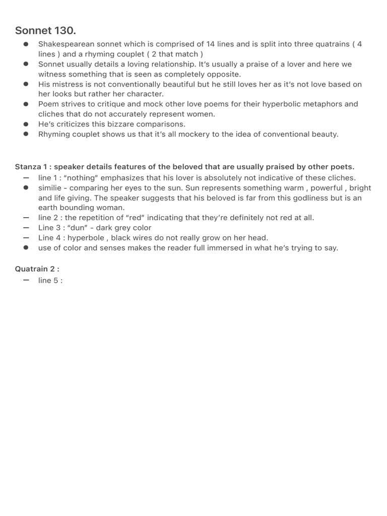 Shakespeare's Sonnet 130 Analysis | PDF