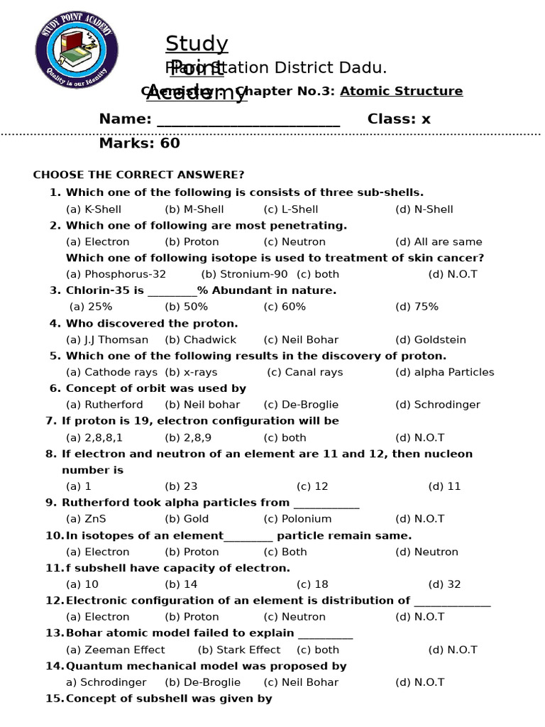 Chemistry Chapter 3 Test | PDF | Proton | Neutron