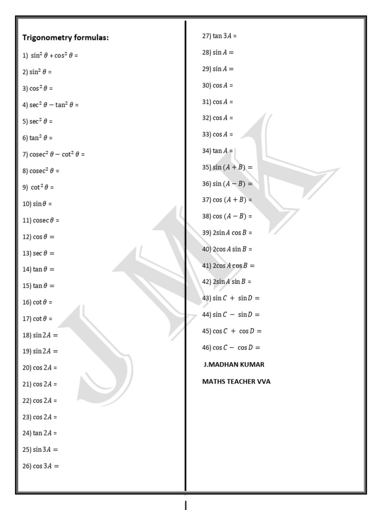 Trigonometry Formula Empty | PDF