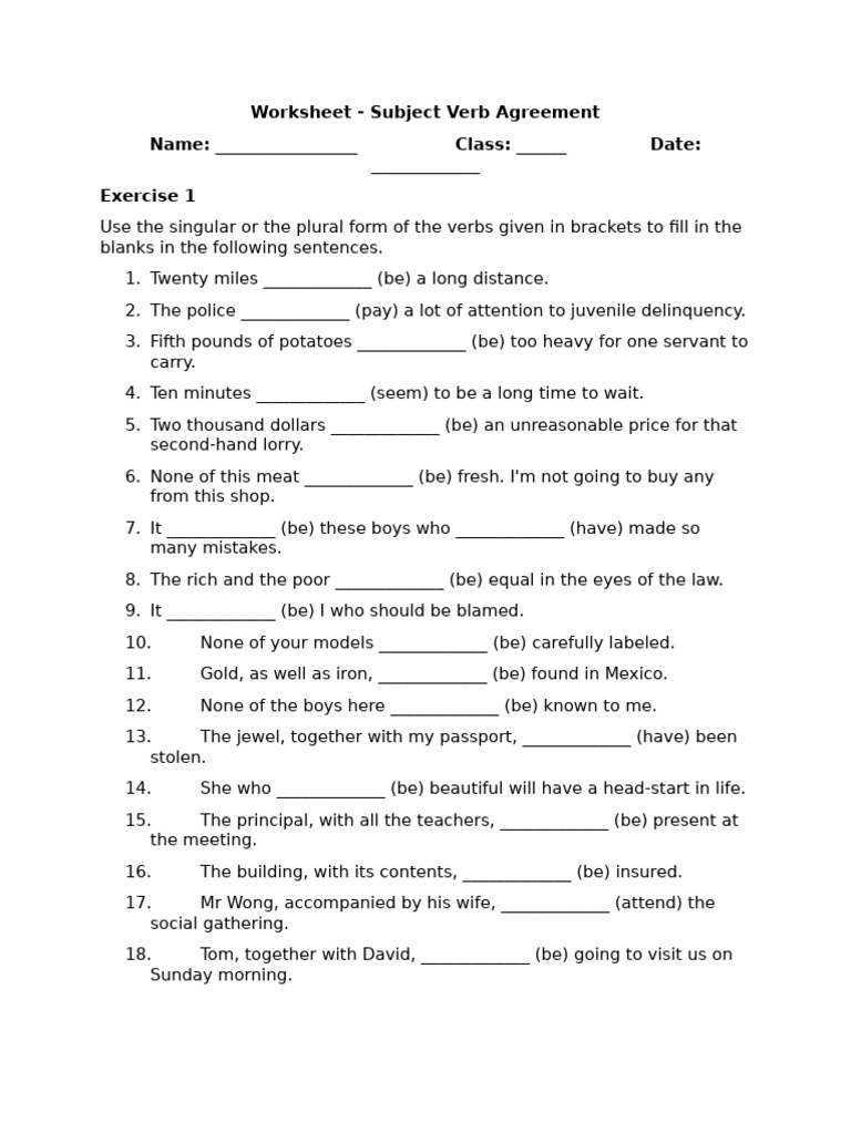 Subject-Verb Agreement Worksheet | PDF